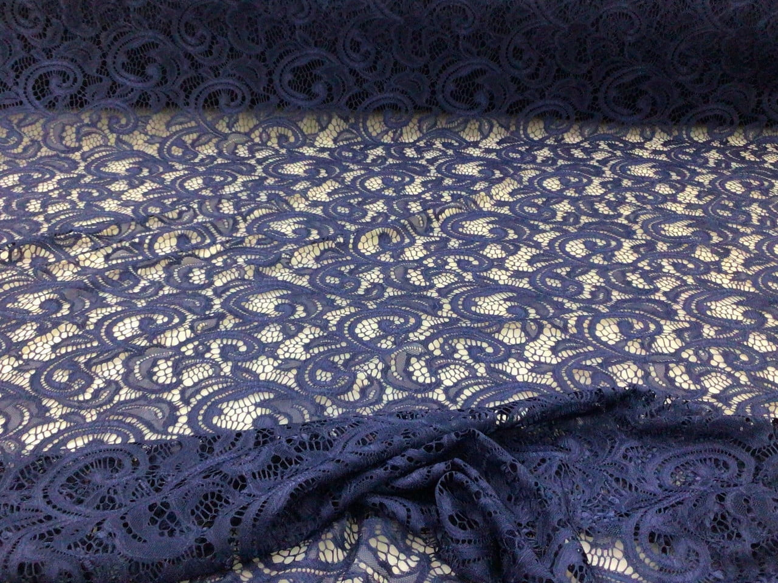 Embroidered Stretch Lace Apparel Fabric Sheer Scrolling Floral Indigo ...