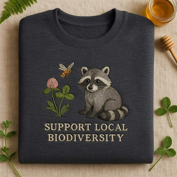Embroidered Support Local Biodiversity Sweatshirt, Raccoon Bee Clover ...
