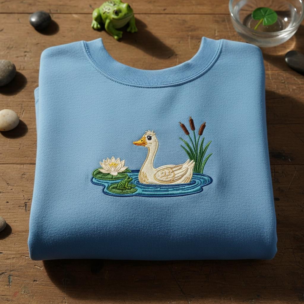 Embroidered Swan and Frog Sweatshirt, Cute Water Lily Pond Life Shirt ...
