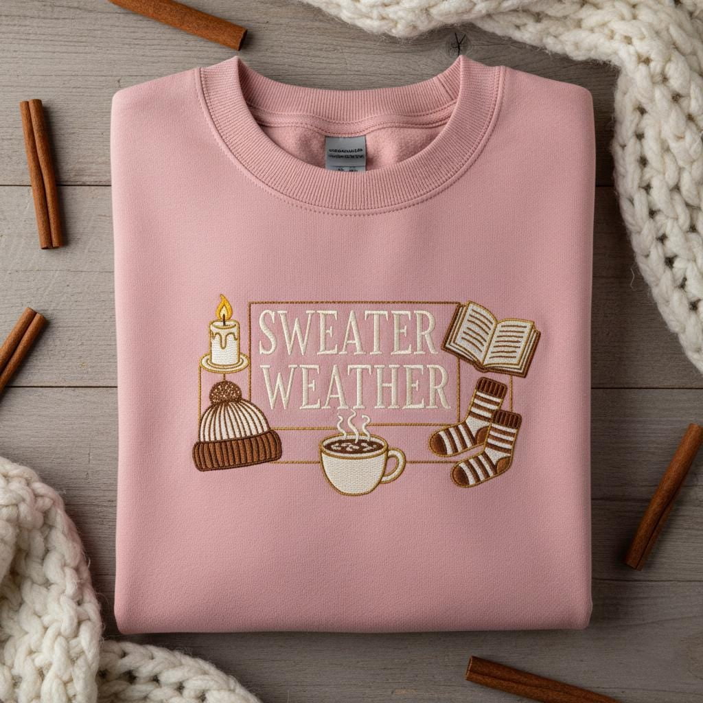 Embroidered Sweater Weather Sweatshirt, Candle, Hat, Book, and Cocoa ...