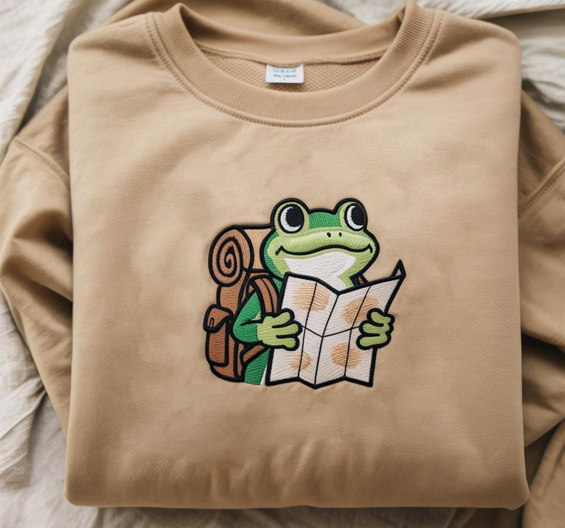 Embroidered Sweatshirt Adventure Frog with Map Cute Explorer Hiking ...