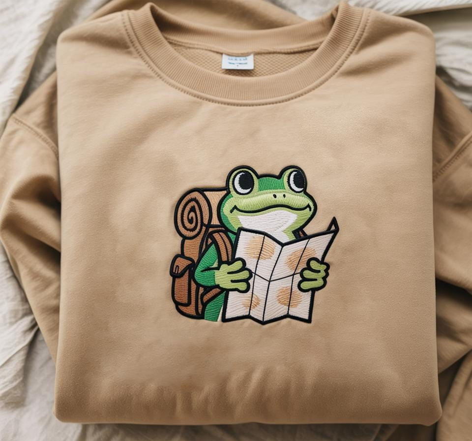Embroidered Sweatshirt Adventure Frog with Map Cute Explorer Hiking ...