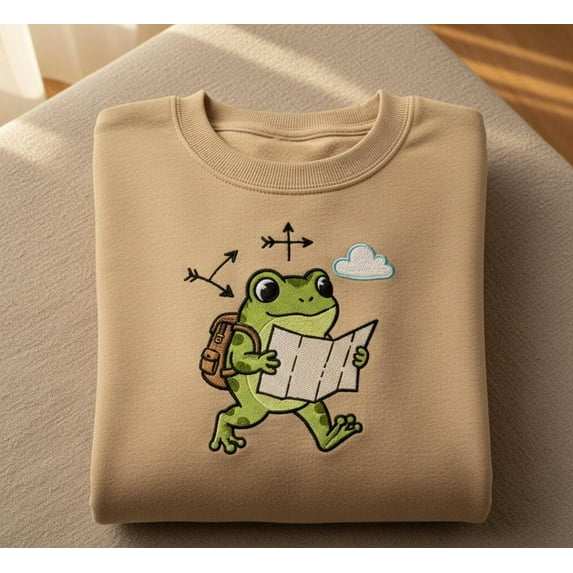Embroidered Sweatshirt Adventure Frog with Map Cute Explorer Hiking ...