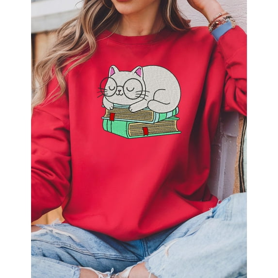 Embroidered Sweatshirt: Cat on Books, Funny Quote, Cozy Pullover ...