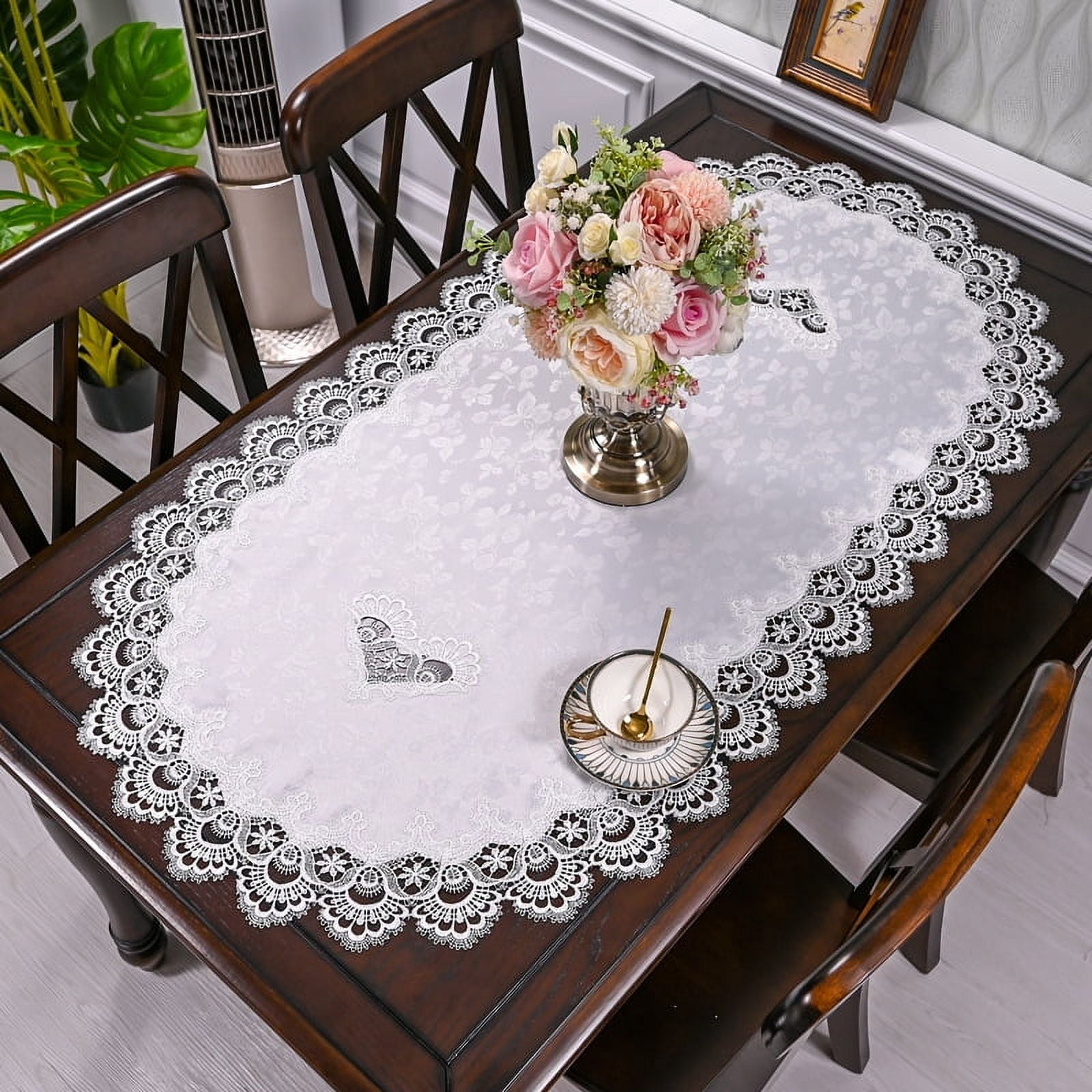 WCHAUNG Embroidered Tablecloth Lace Table Runner, Oval Coffee Table ...
