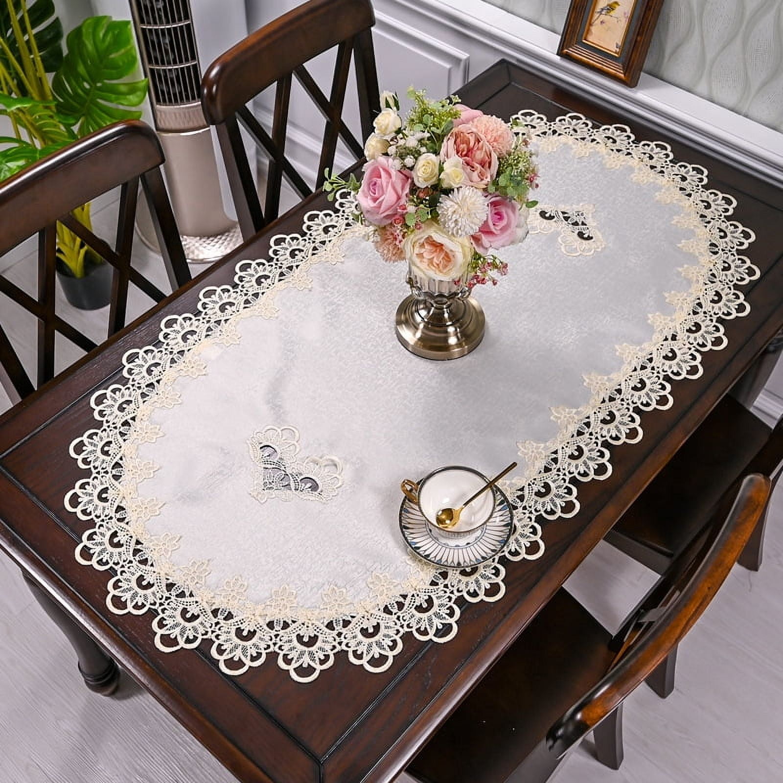 WCHAUNG Embroidered Tablecloth Lace Table Runner Oval Coffee Table Runner Table Centerpiece Doily Placemat Nightstand Dresser Scarf