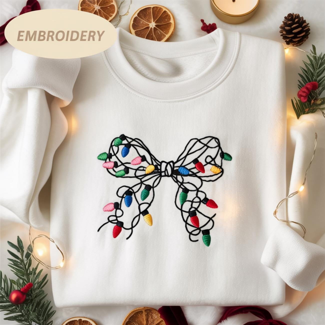 Embroidered Tangled Christmas Lights Bow Sweatshirt, Funny Holiday ...