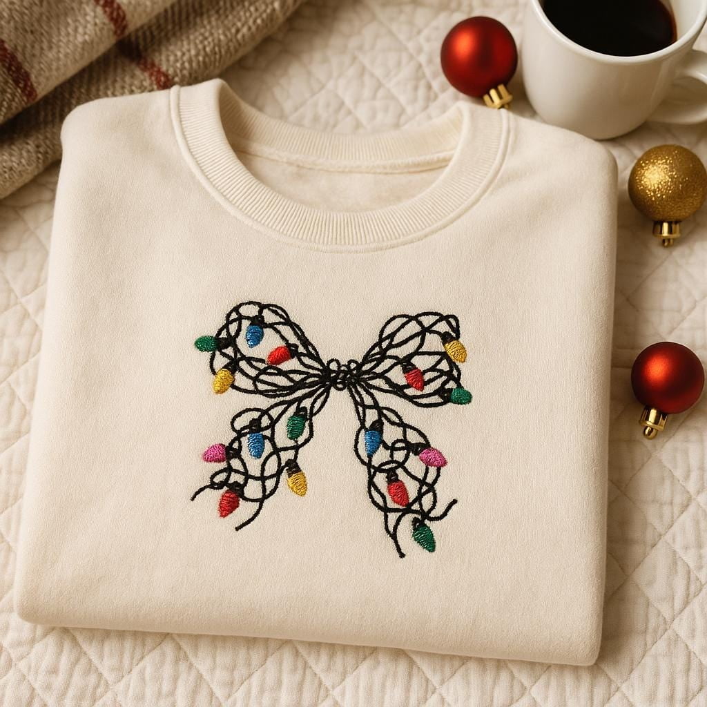 Embroidered Tangled Christmas Lights Bow Sweatshirt, Funny Holiday ...