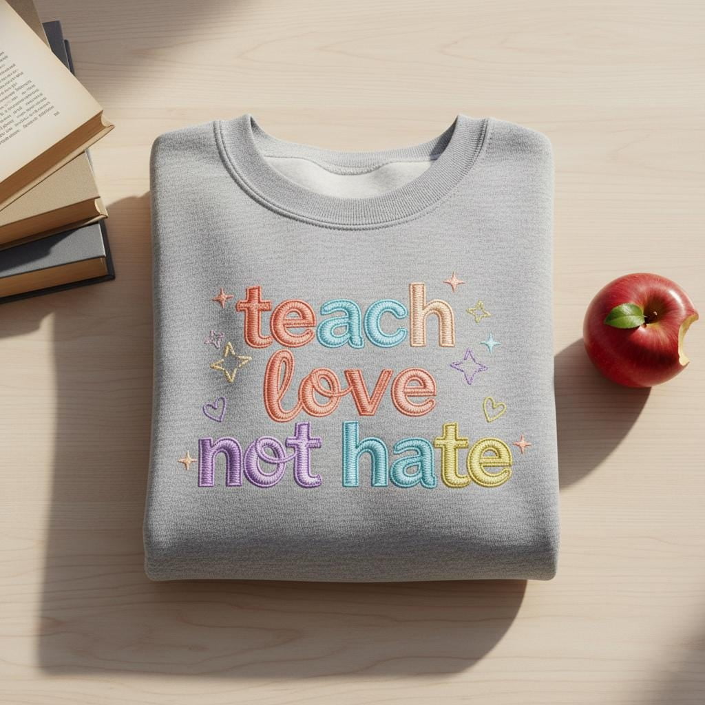 Embroidered "Teach Love Not Hate" Sweatshirt, Teacher Hoodie, Anti-Hate ...