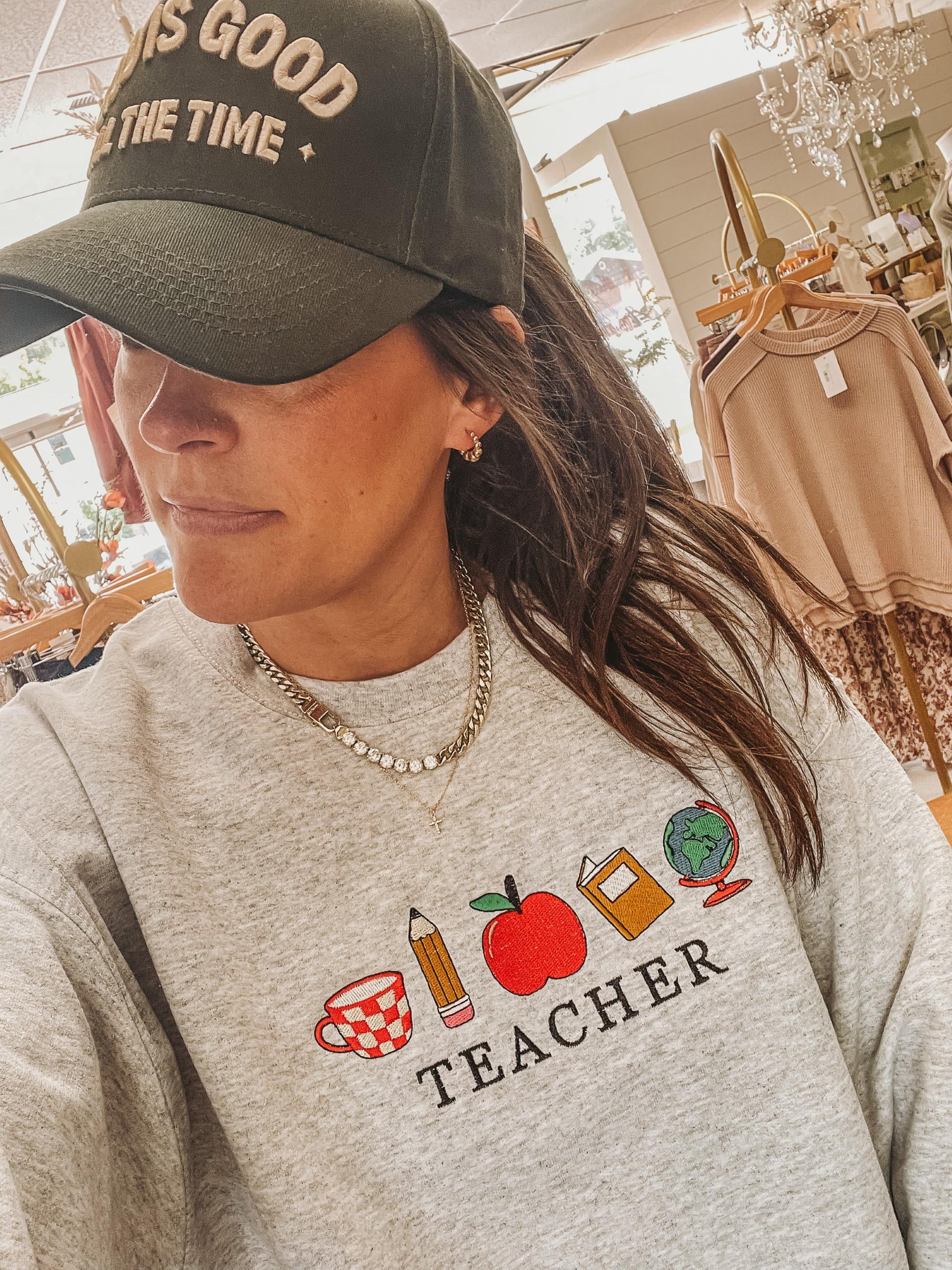 Embroidered Teacher Icons Crewneck Sweatshirt: Back to School Apparel ...