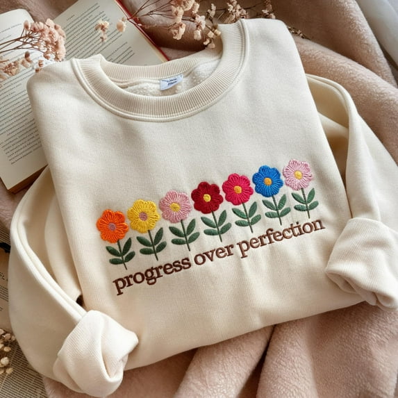 Embroidered Teacher Sweatshirt, Progress Over Perfection, Floral Design ...