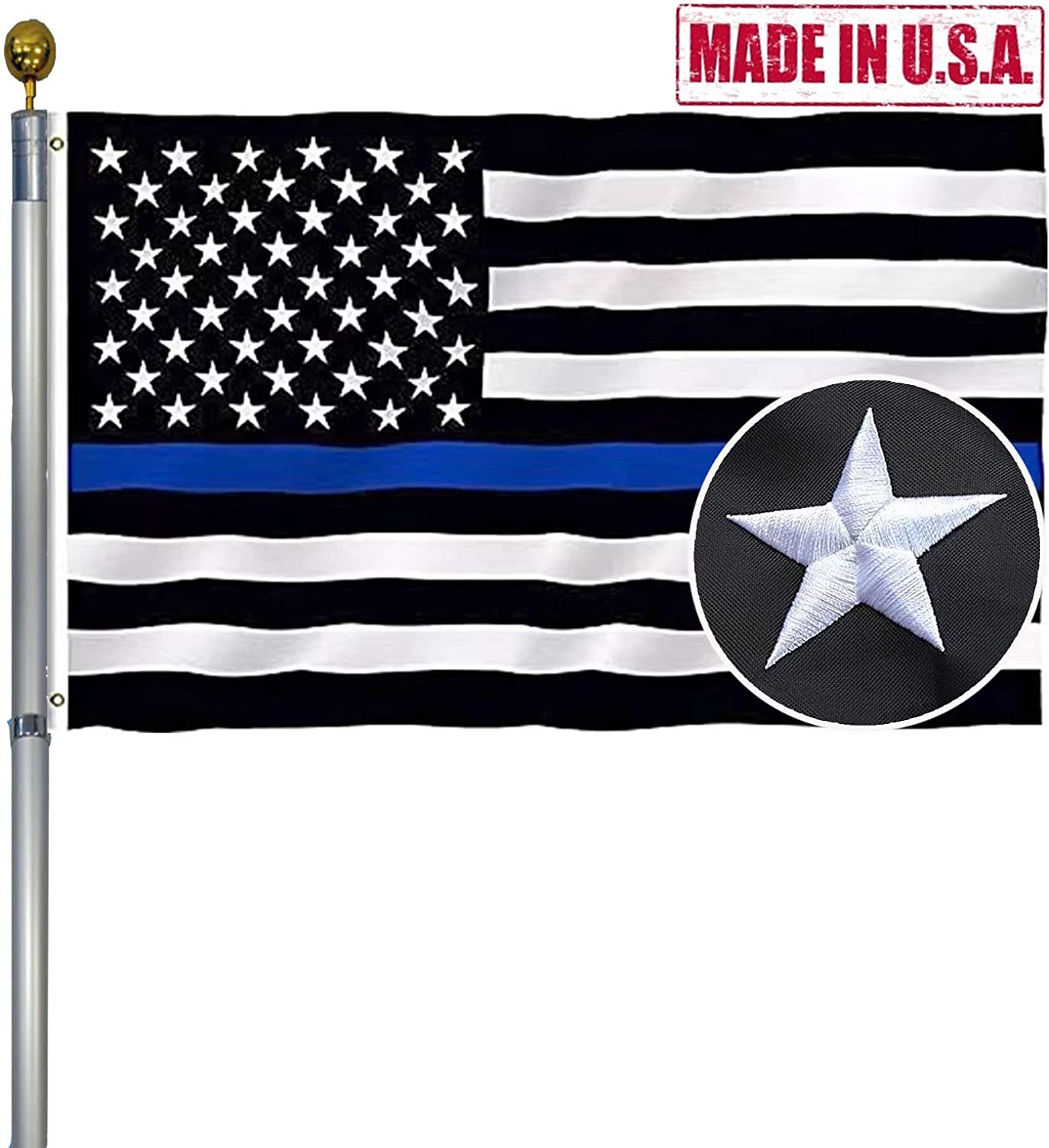 Embroidered Thin Blue Line American Flags 3x5 Outdoor Made in USA-Nylon ...