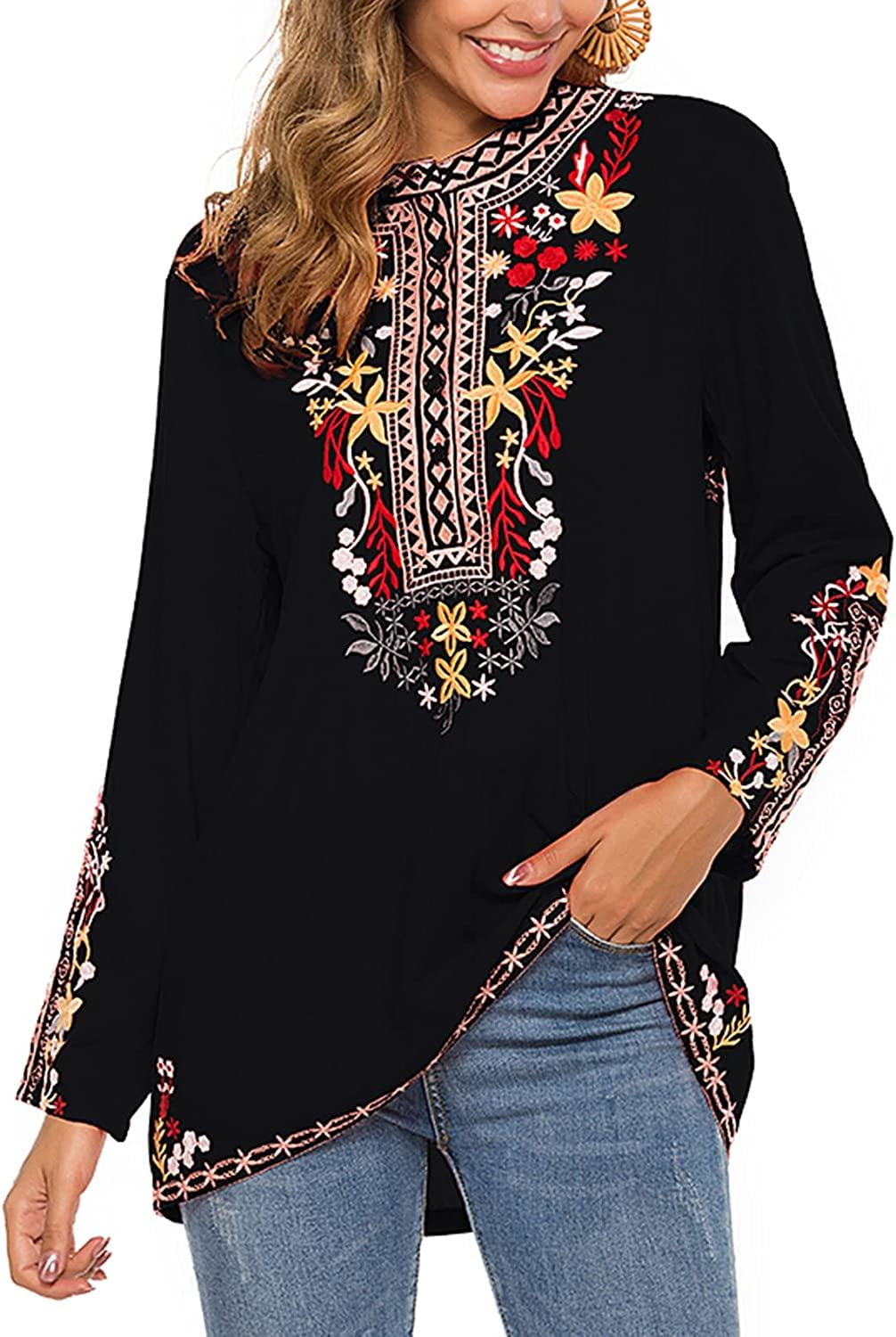 Embroidered Tops Long Sleeve Women's Mexican Boho Peasant Casual Loose ...