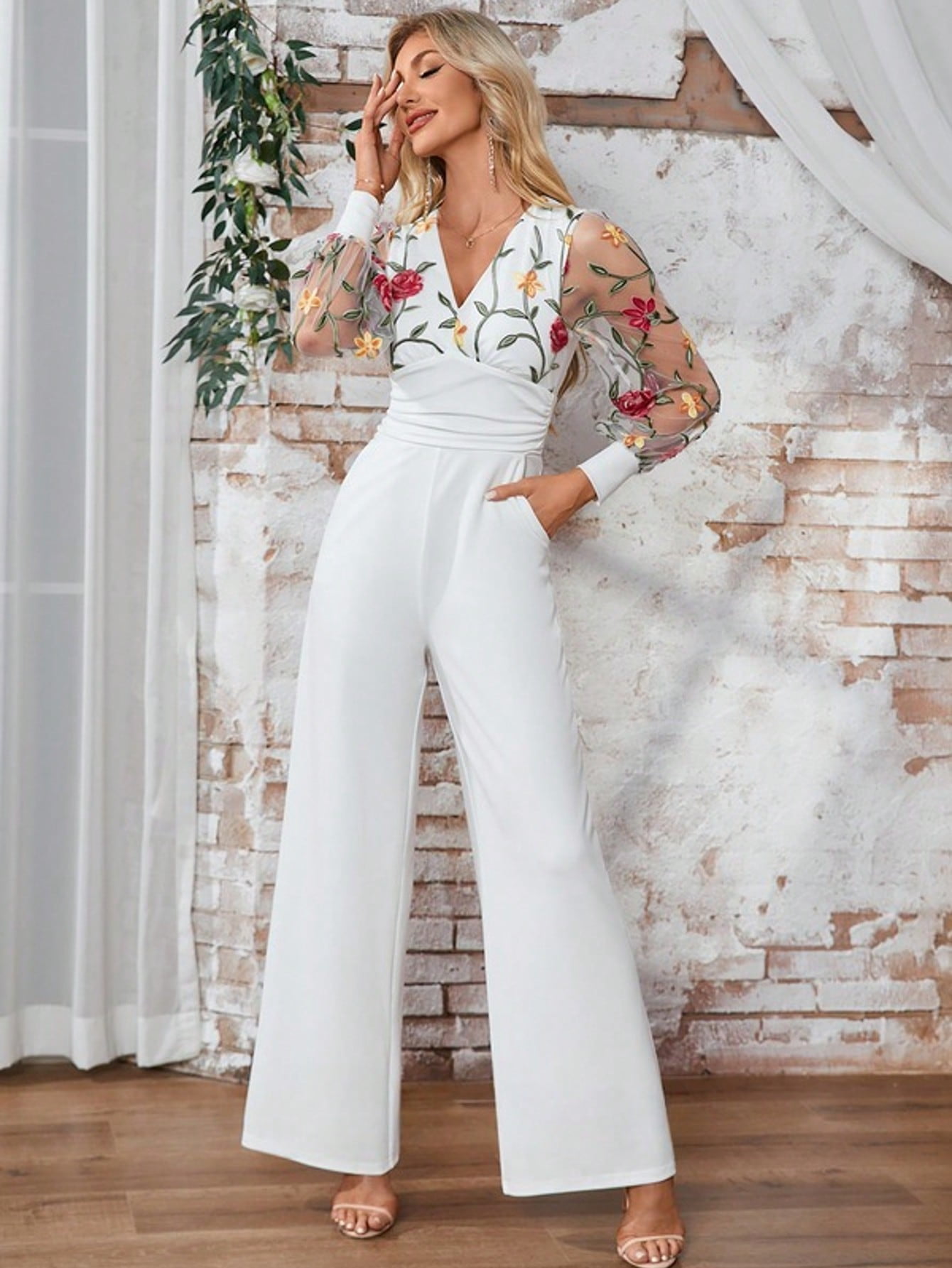 Embroidered V-Neck Long Sleeve Lace Jersey Maxi Jumpsuits - Walmart.com