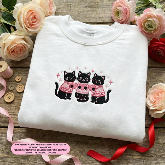 Embroidered Valentine Black Cat Sweatshirt, Cute Heart Kitty Crewneck ...