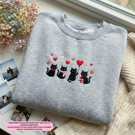 Embroidered Valentine Black Cat Sweatshirt, Cute Kitty Crewneck, Cat ...
