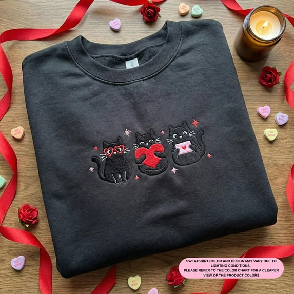 Embroidered Valentine Black Cat Sweatshirt, Kitty with Letter Crewneck ...