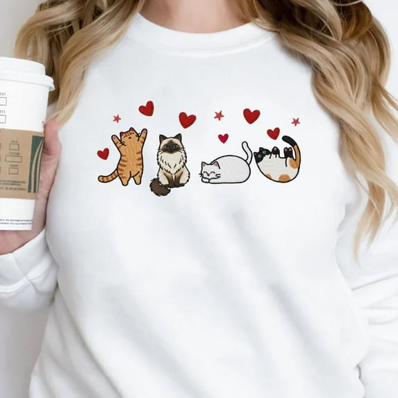 Embroidered Valentine Cats Sweatshirt, Cute Cats And Hearts Shirt, Cat ...