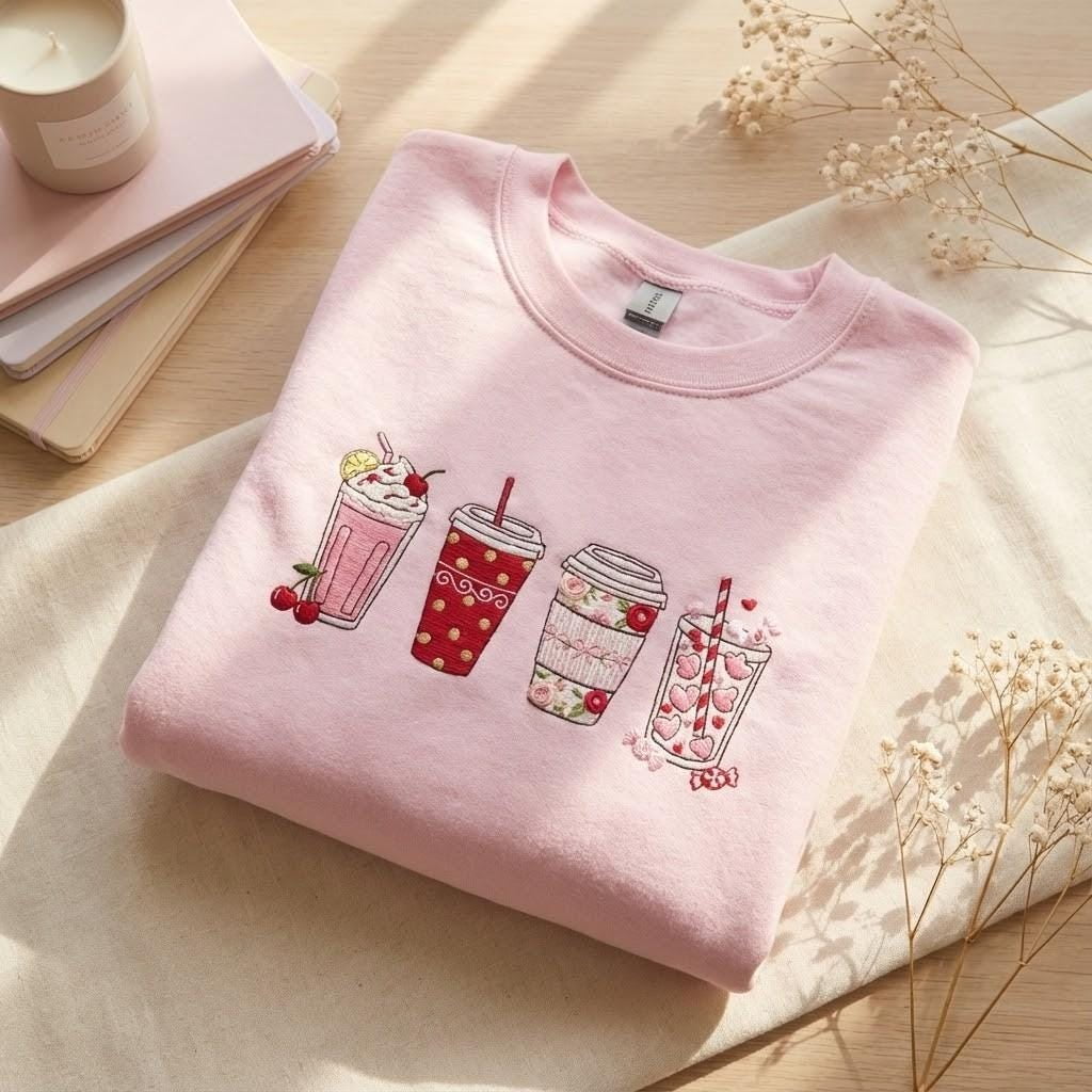 Embroidered Valentine Coffee Sweatshirt, Coquette Bow Iced Coffee ...