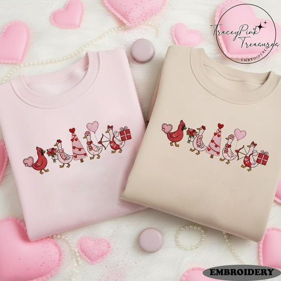 Embroidered Valentine’s Birds Sweatshirt – Cute Love Birds with Heart ...