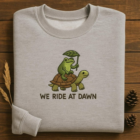 Embroidered We Ride At Dawn Sweatshirt, Funny Frog Riding Turtle ...
