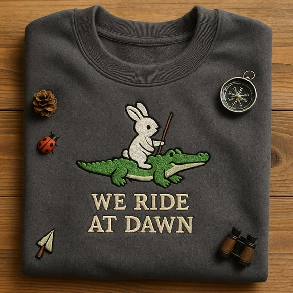 Embroidered We Ride At Dawn Sweatshirt, Funny Rabbit Riding Alligator ...