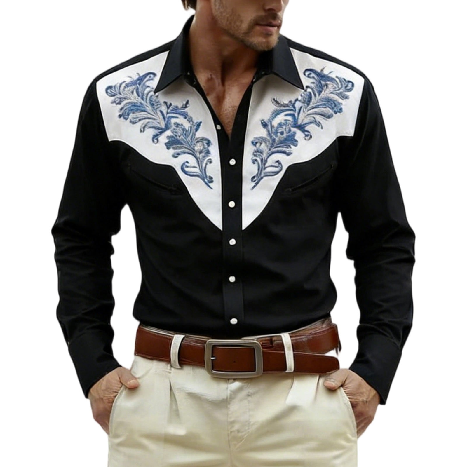 Embroidered Western Cowboy Shirts for Men Button Long Sleeve Shirt with ...