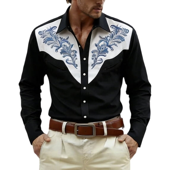 Embroidered Western Cowboy Shirts for Men Button Long Sleeve Shirt with ...