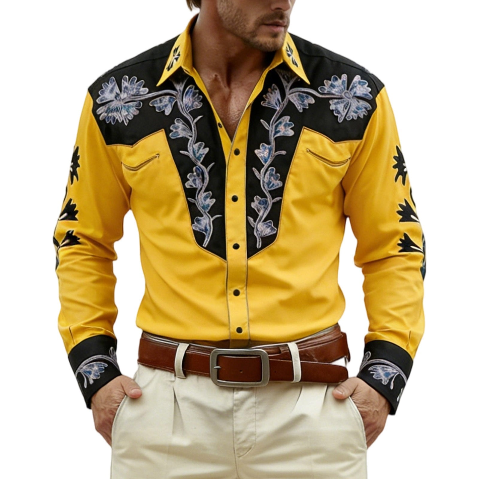 Embroidered Western Cowboy Shirts for Men Button Long Sleeve Shirt with ...