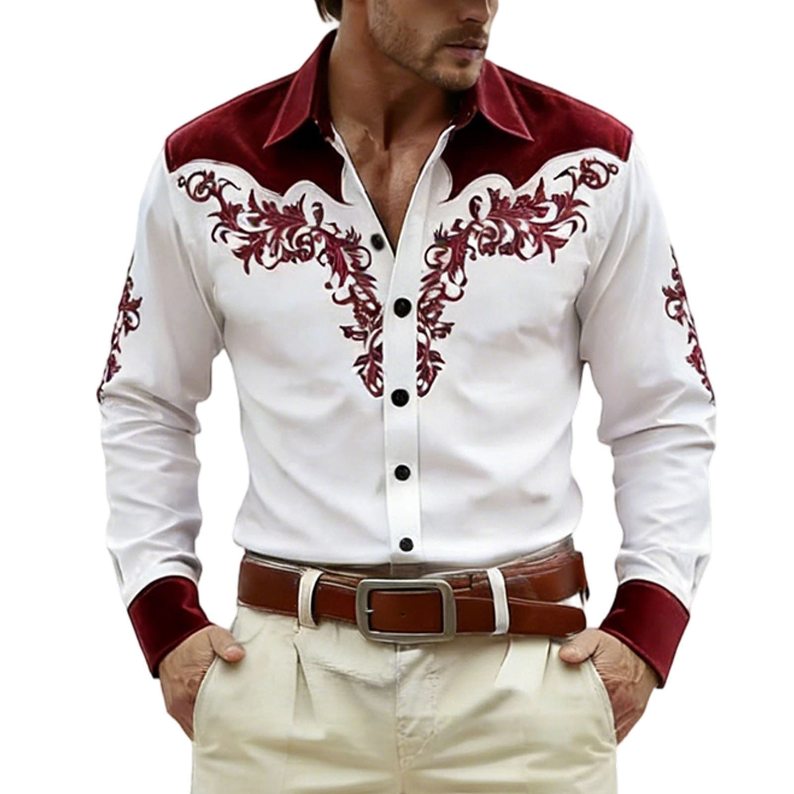 Embroidered Western Cowboy Shirts for Men Button Long Sleeve Shirt with ...
