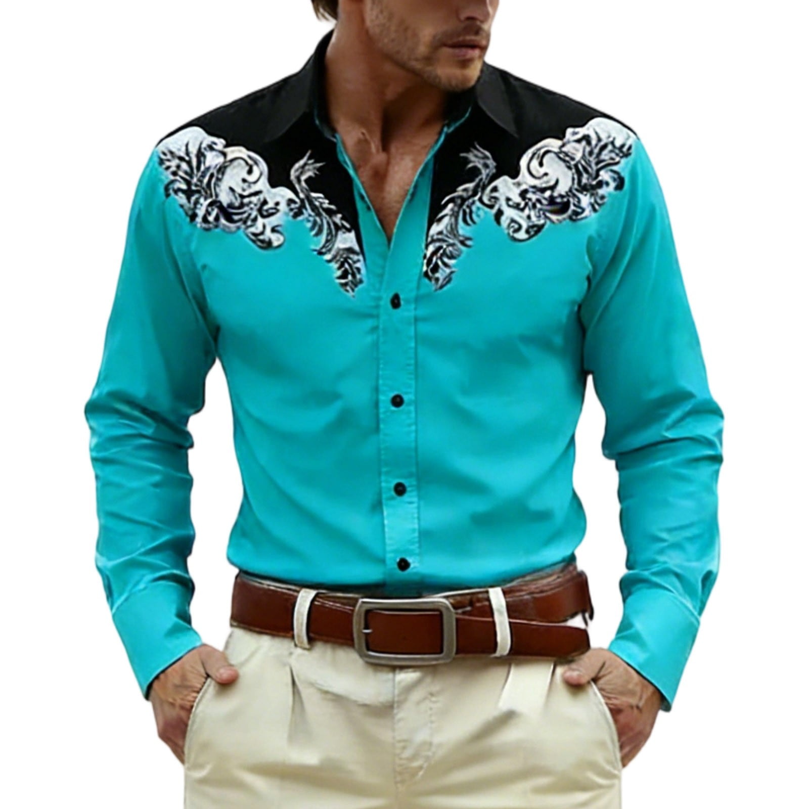 Embroidered Western Cowboy Shirts for Men Button Long Sleeve Shirt with ...