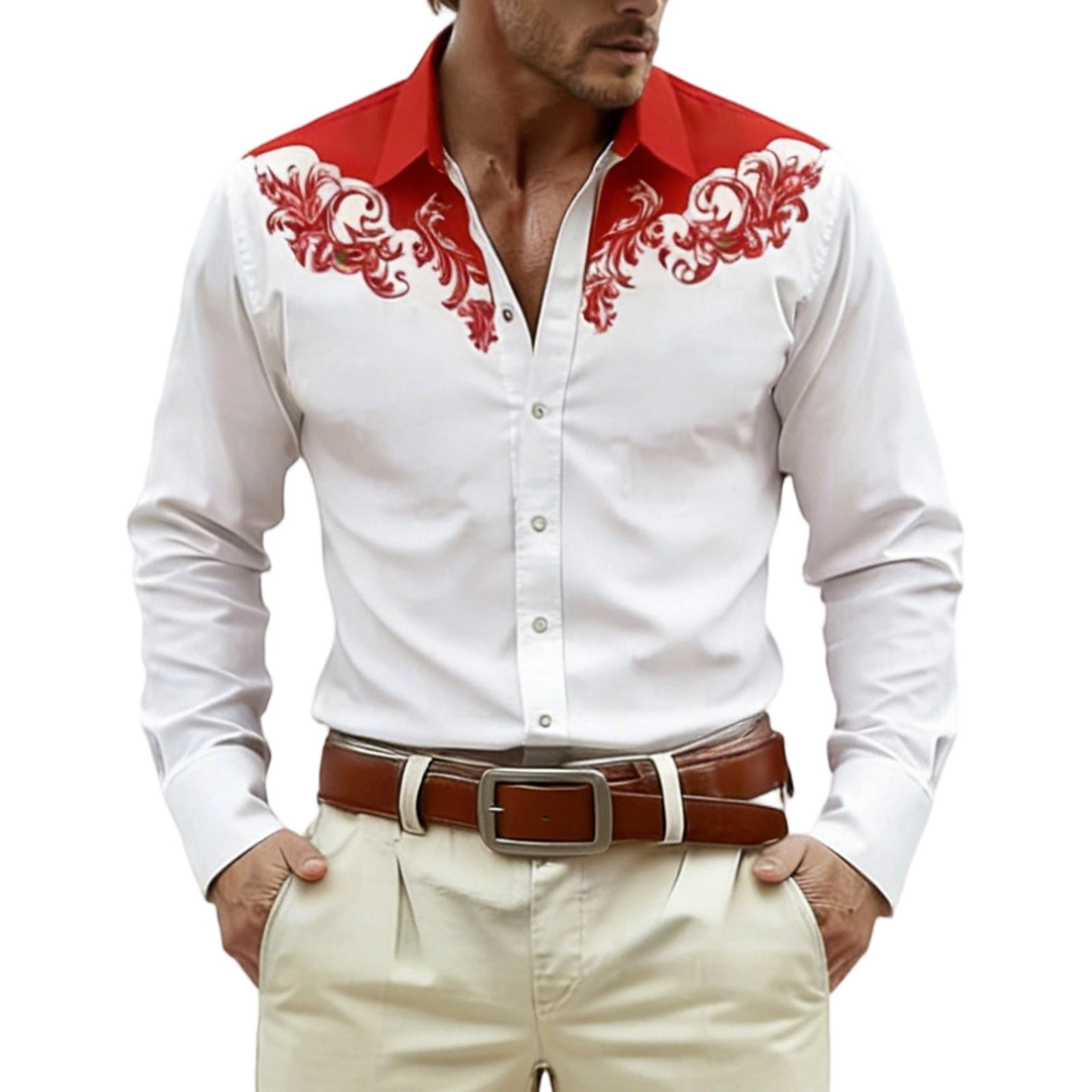 Embroidered Western Cowboy Shirts for Men Button Long Sleeve Shirt with ...