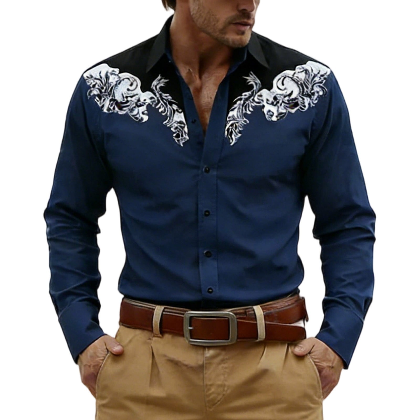 Embroidered Western Cowboy Shirts for Men Button Long Sleeve Shirt with ...