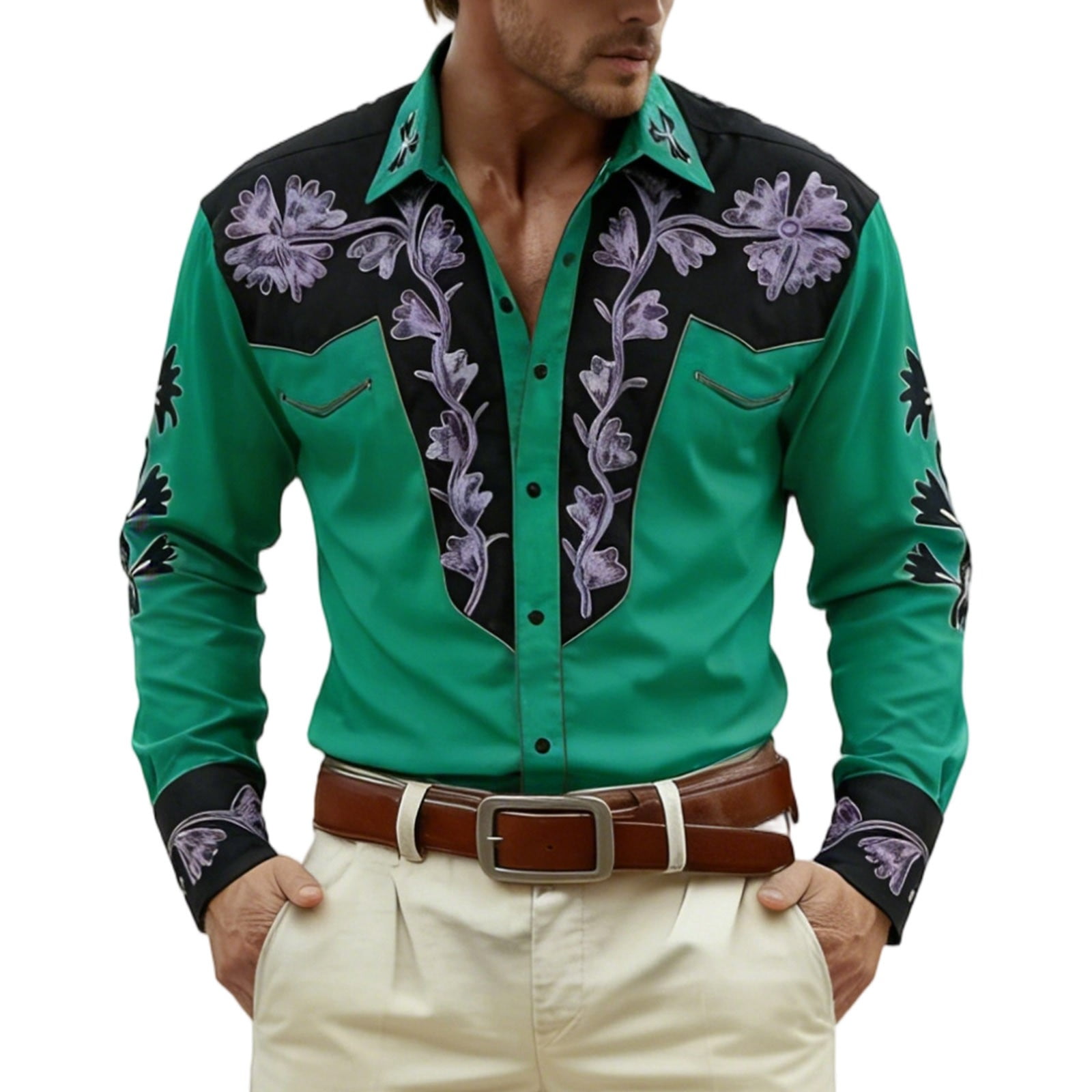 Embroidered Western Cowboy Shirts for Men Button Long Sleeve Shirt with ...