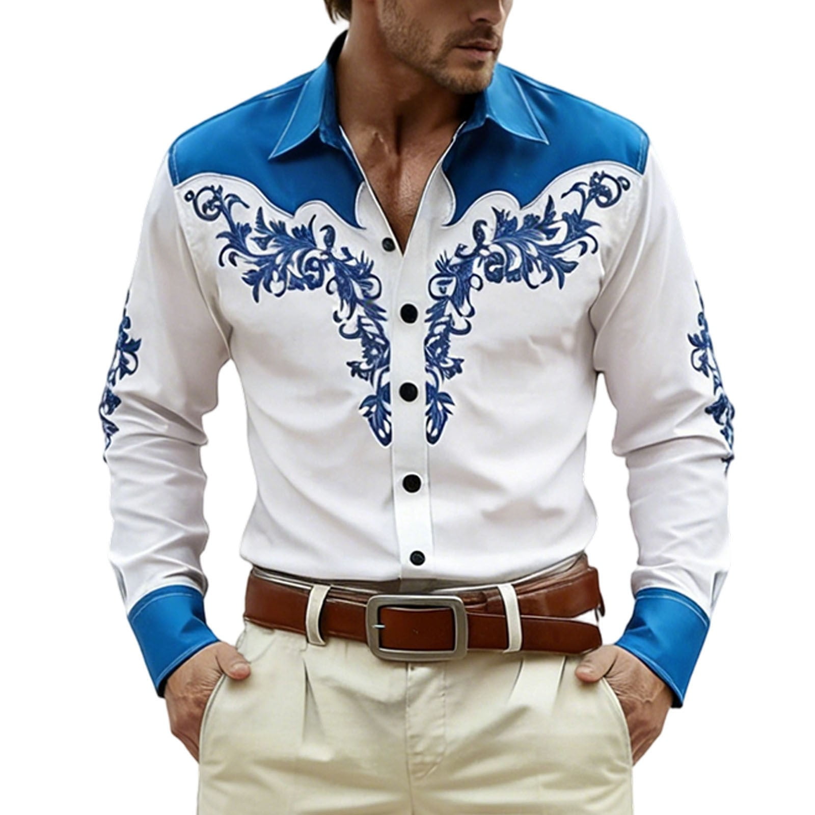Embroidered Western Cowboy Shirts for Men Button Long Sleeve Shirt with ...