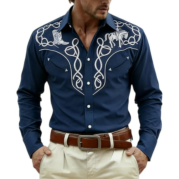 Embroidered Western Cowboy Shirts for Men Button Long Sleeve Shirt with ...