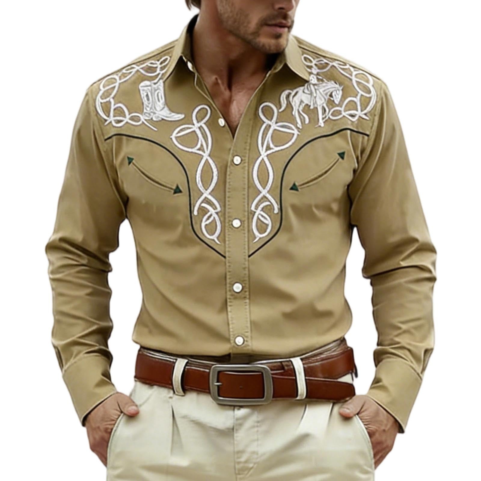 Embroidered Western Cowboy Shirts for Men Button Long Sleeve Shirt with ...