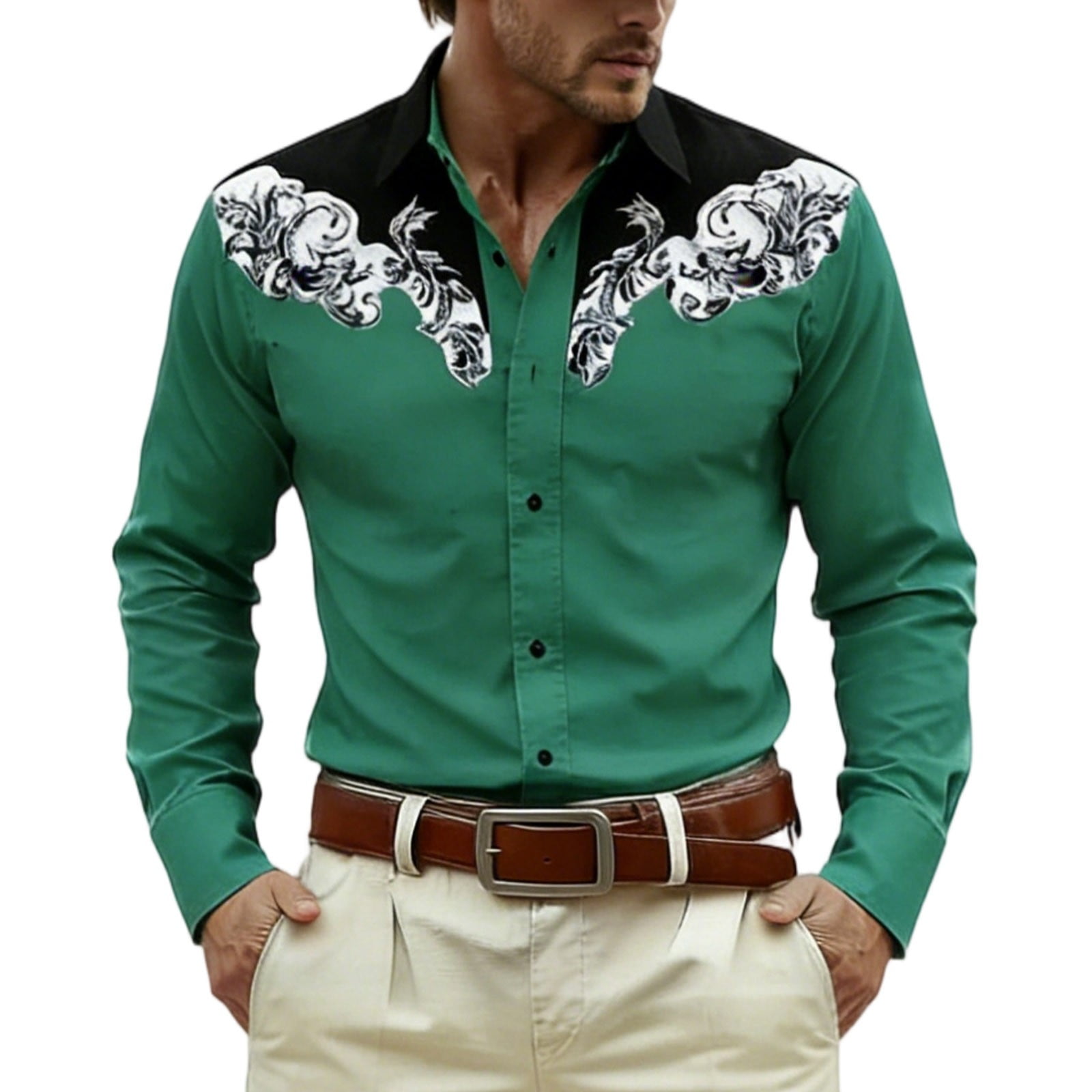 Embroidered Western Cowboy Shirts for Men Button Long Sleeve Shirt with ...