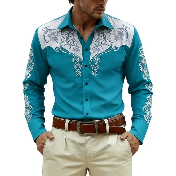 Embroidered Western Cowboy Shirts for Men Button Long Sleeve Shirt with ...