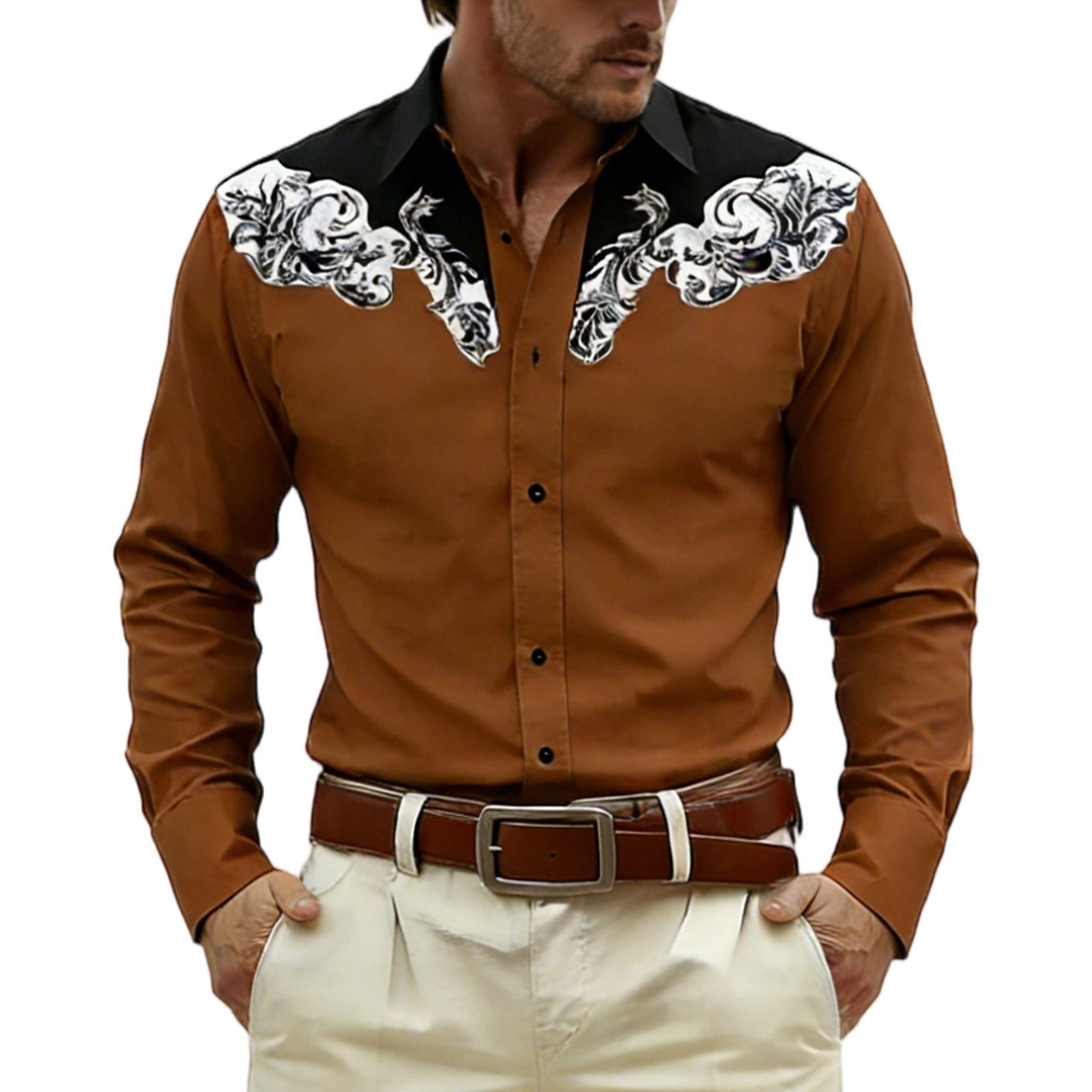 Embroidered Western Cowboy Shirts for Men Button Long Sleeve Shirt with ...