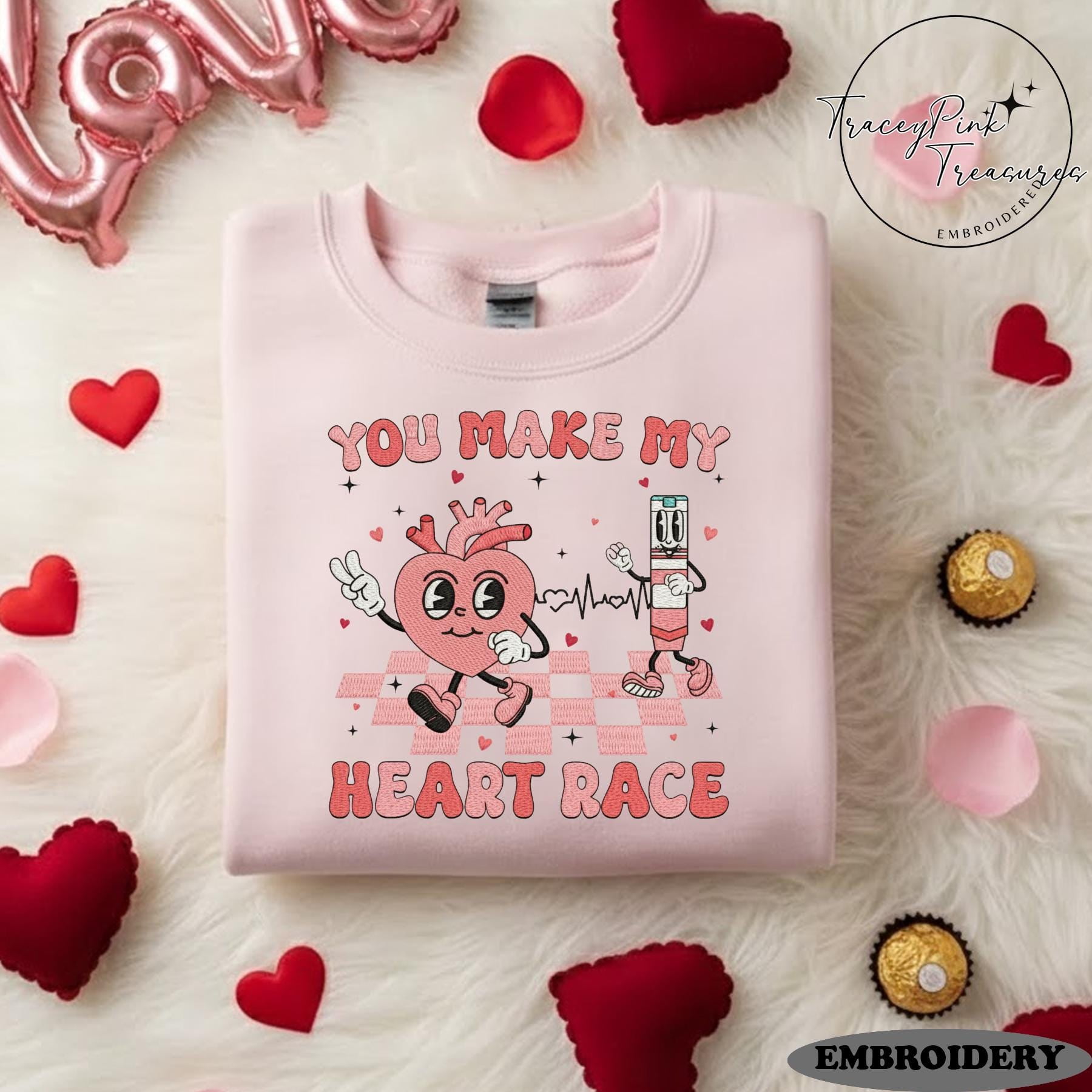 Embroidered "You Make My Heart Race" Sweatshirt - Cute Valentine's Day ...