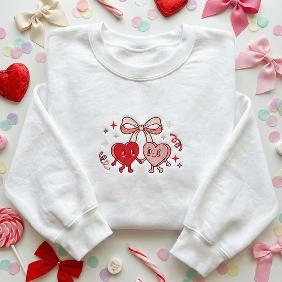Embroidered hoodie, heart characters, valentine gift, coquette bow ...