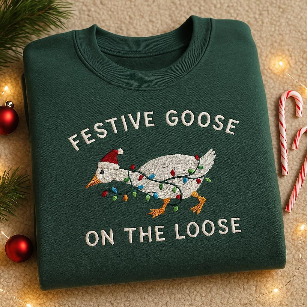 Embroideried Festive Goose Sweatshirt | Christmas Lights Holiday Goose ...