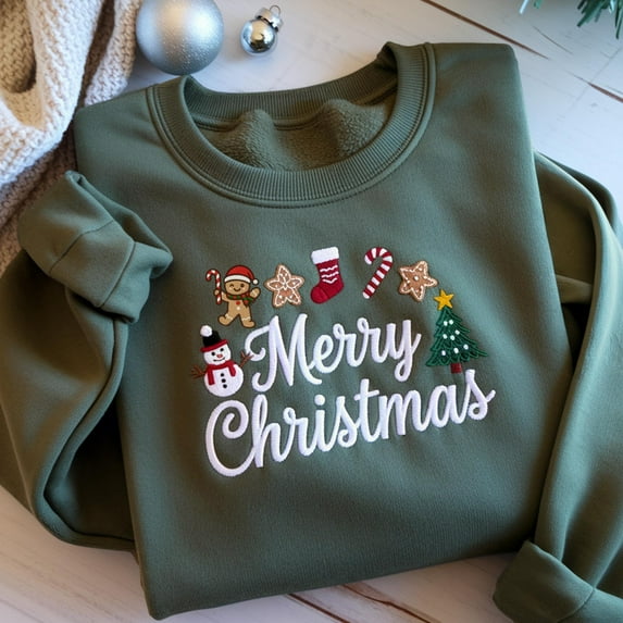 Embroideried Merry Christmas Icons Sweatshirt | Cute Holiday Stitch ...