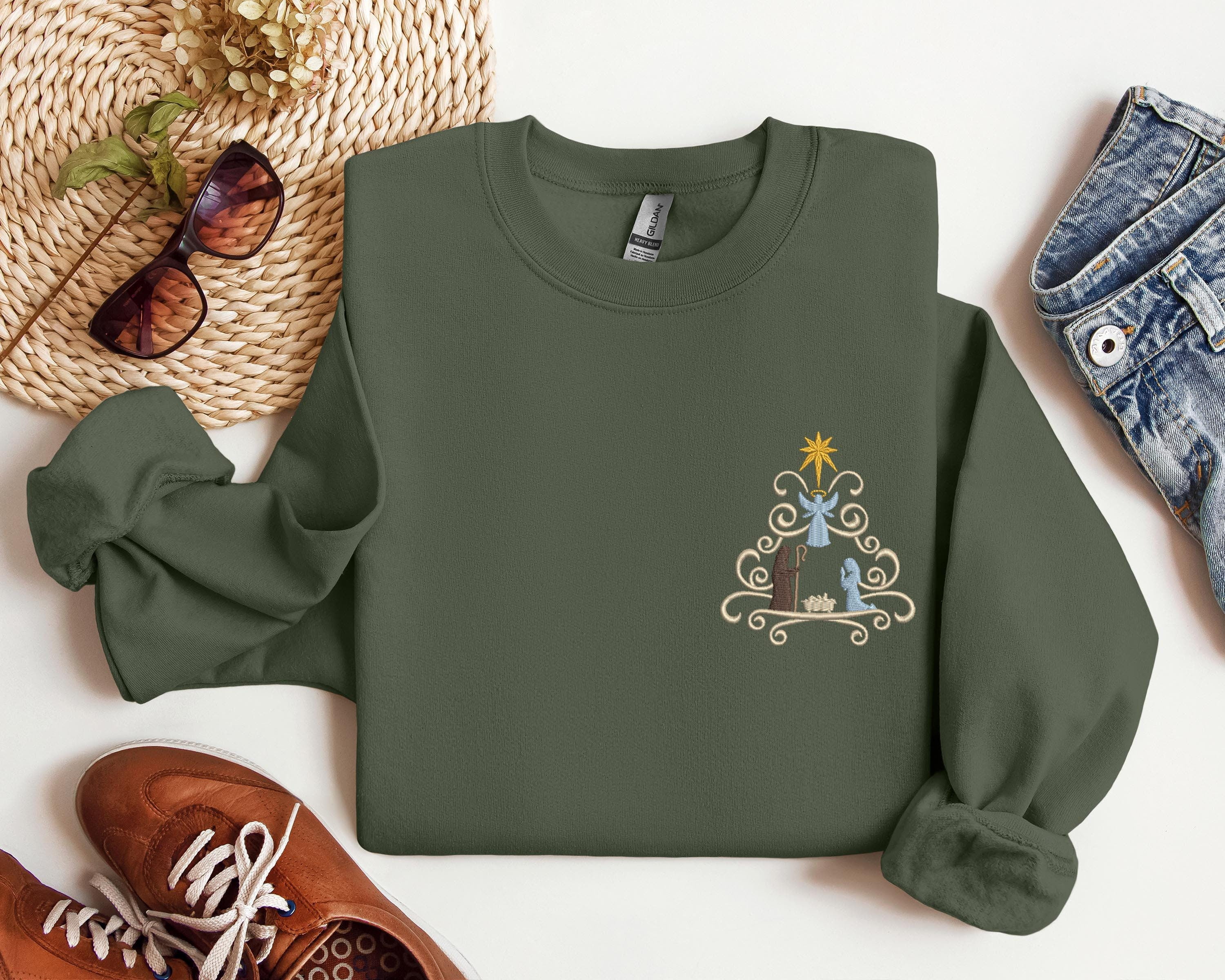 Embroideried Nativity Christmas Sweatshirt | Holy Night Manger Scene ...