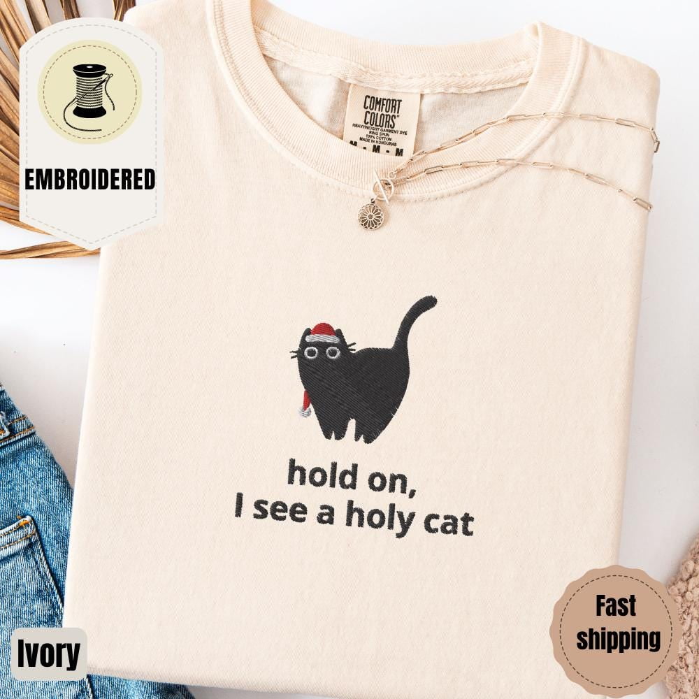 Embroidery Christmas Cat Shirt, New Years Eve, Merry Catmas, Meowy ...