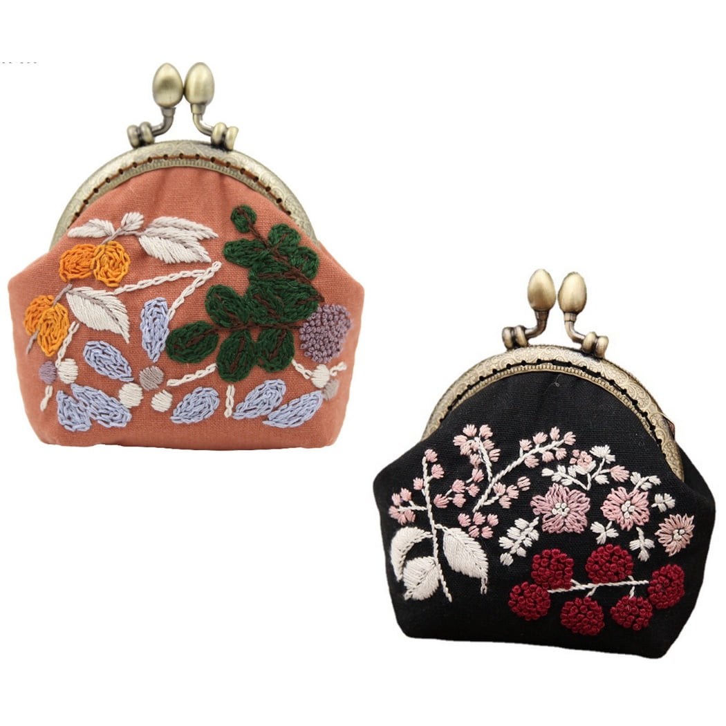 Embroidery Coin Purse kit, Flower Embroidery Bag Kit Stitch Sets, Kiss ...