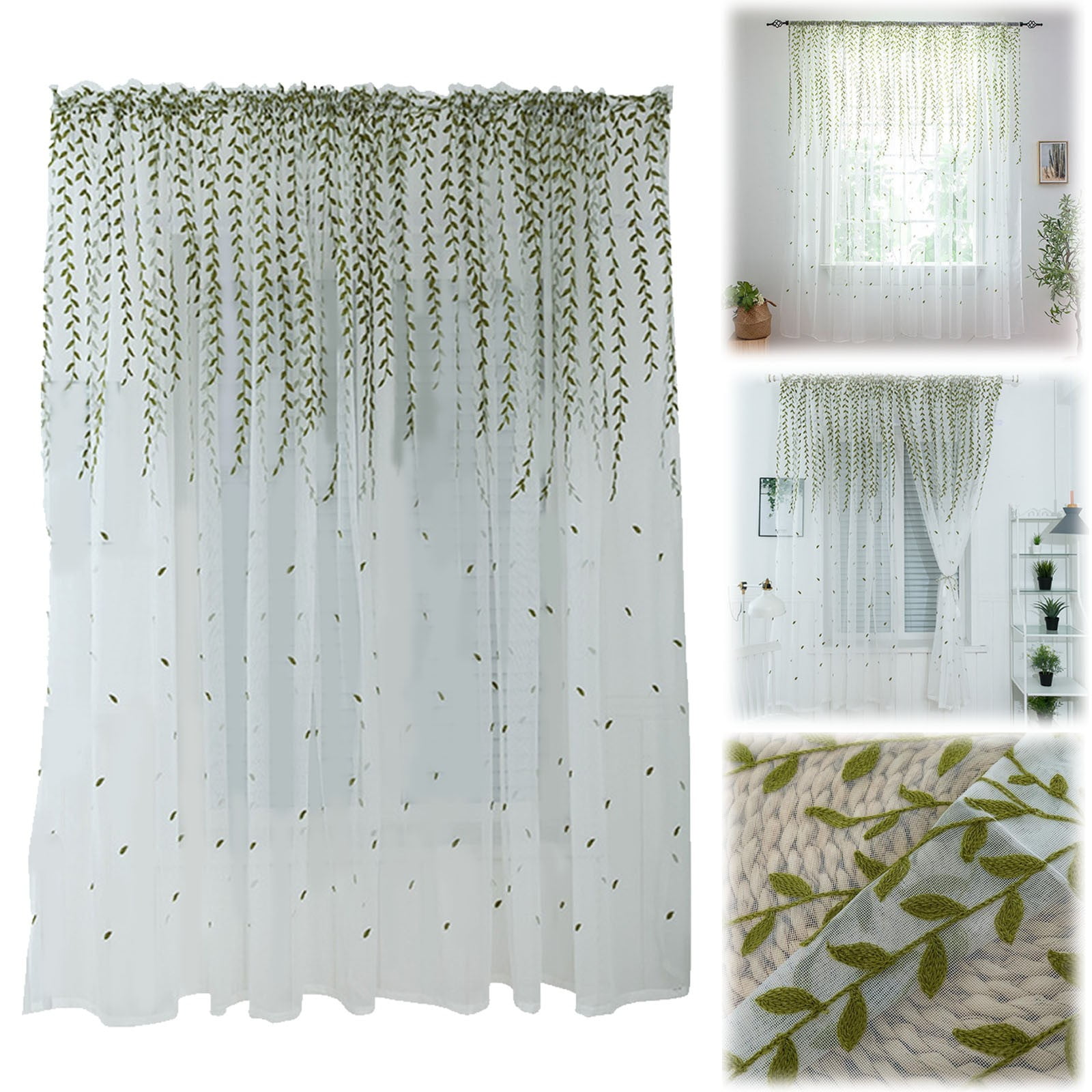 Embroidery Curtains For Living Room 1 Panel Natural Embroidered Green ...