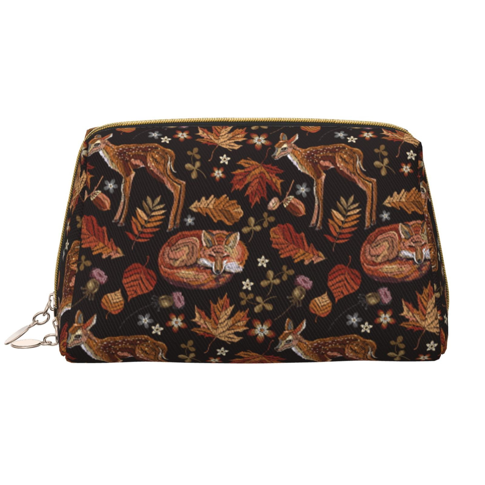 Embroidery Deer Fox Maple Leaf Makeup Bag, Large Capacity Cosmetic Bag ...