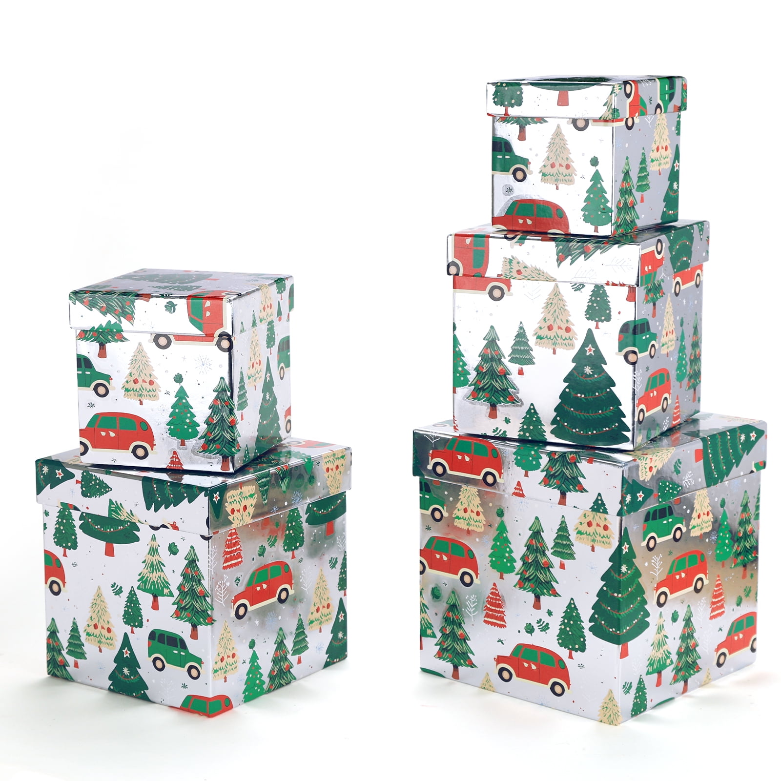 PAPER FAIR 5PCS Christmas Nesting Gift Boxes Set, Silver Foil Xmas Tree ...